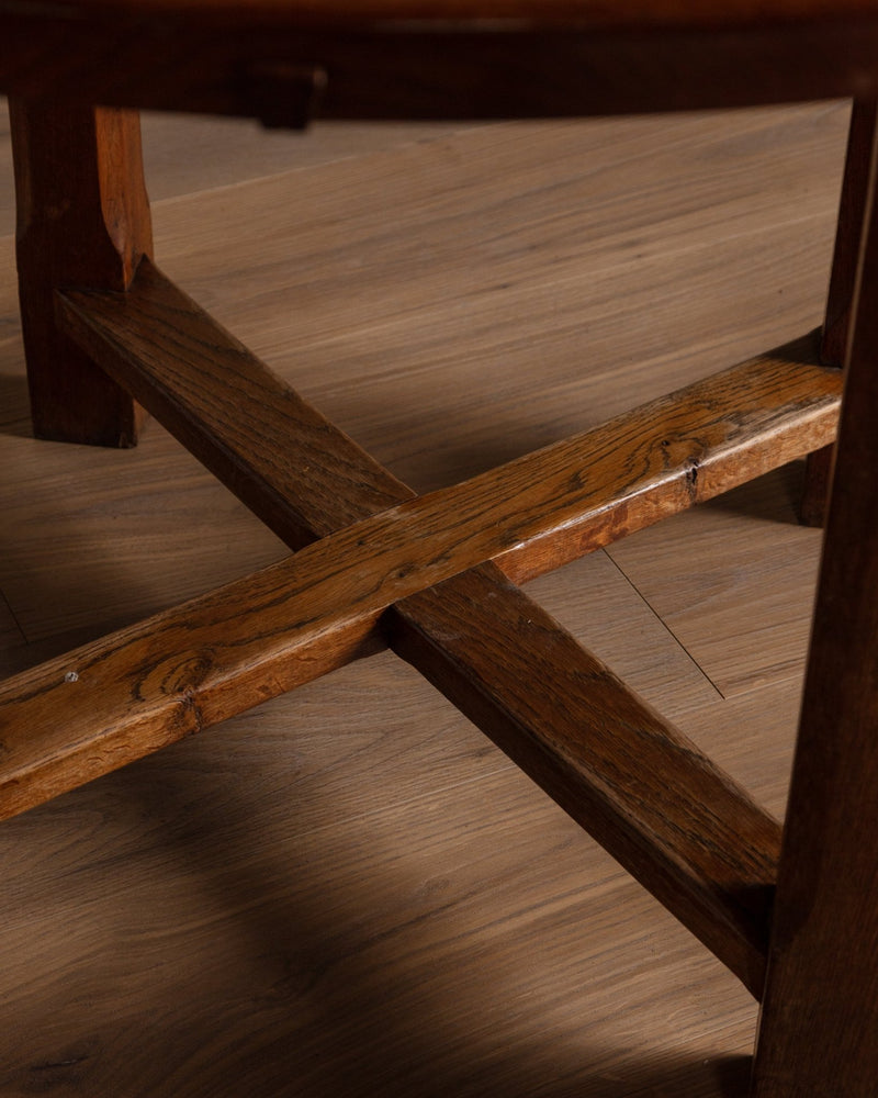 Brutalist Round Oak Dining Table w/ Stretcher, France, 1950's – Lone Fox