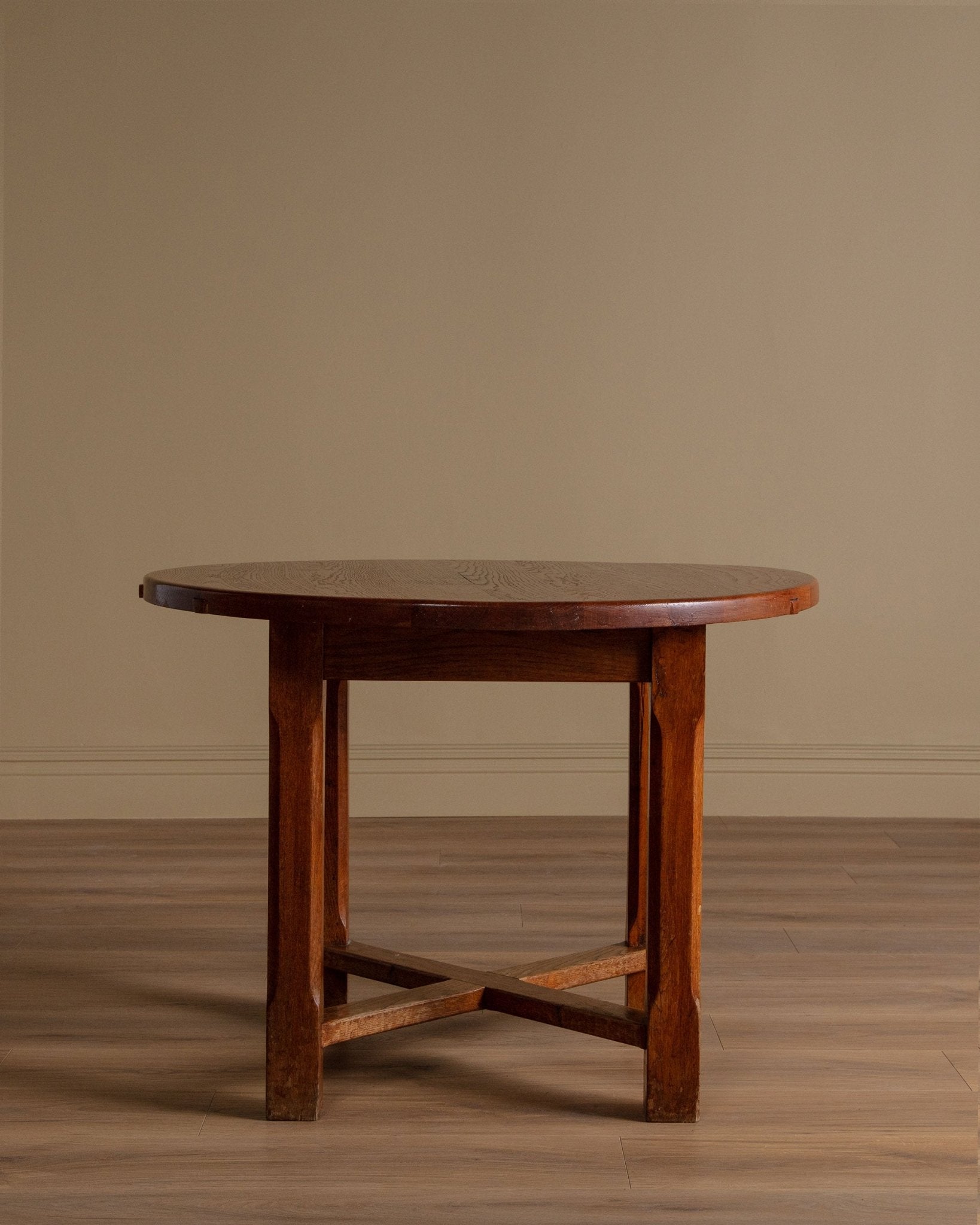 Brutalist Round Oak Dining Table w/ Stretcher, France, 1950's – Lone Fox
