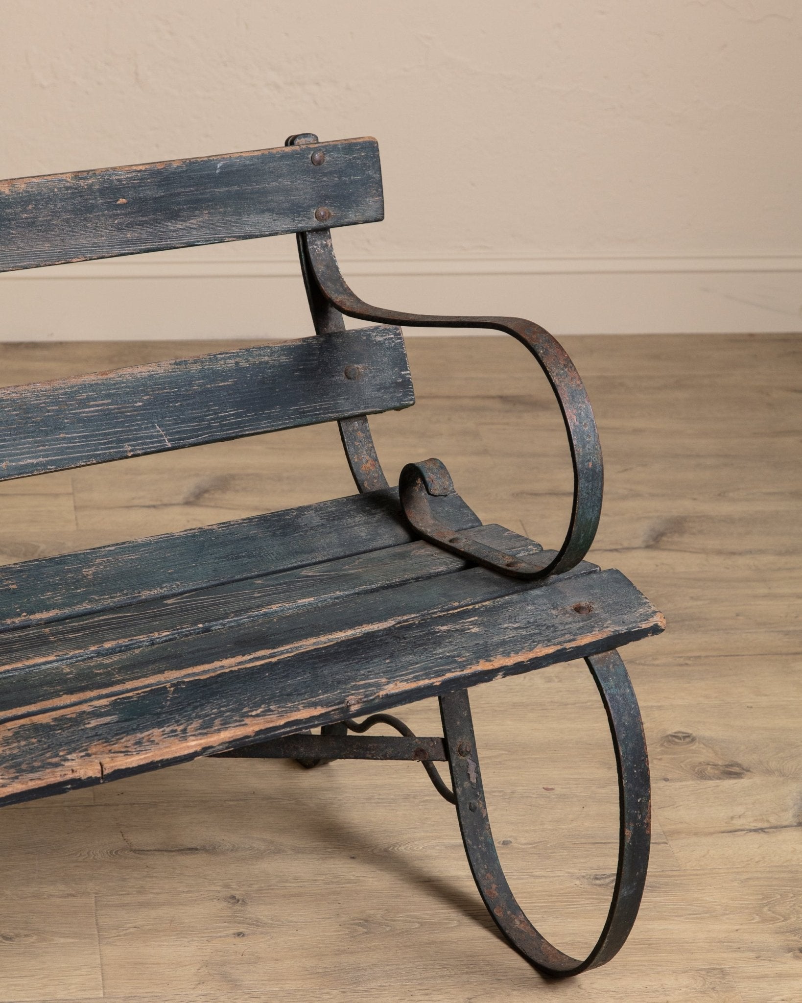 Iron & Wood Slat Park Bench in Aged Teal Paint, 1920's – Lone Fox