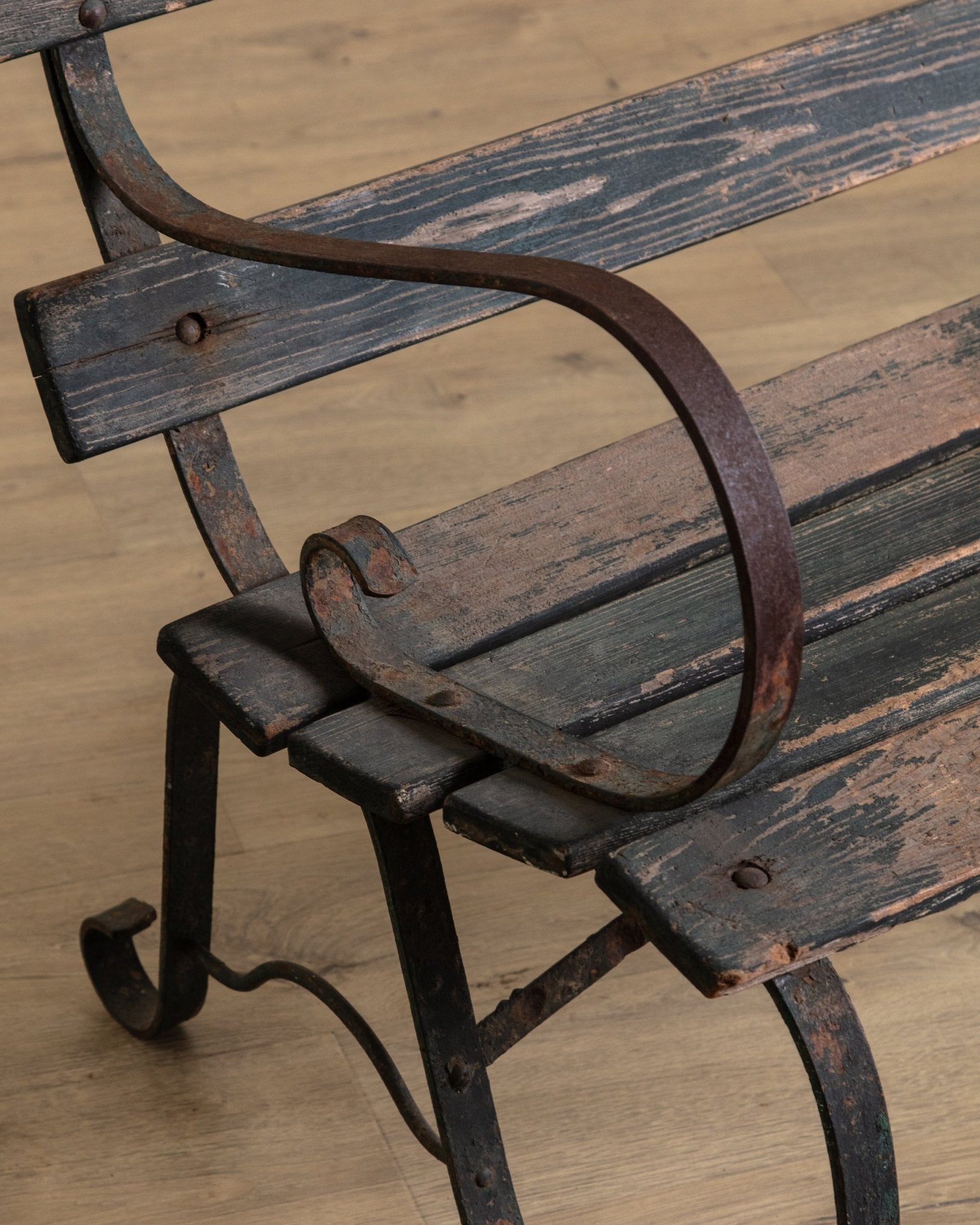 Iron & Wood Slat Park Bench in Aged Teal Paint, 1920's – Lone Fox