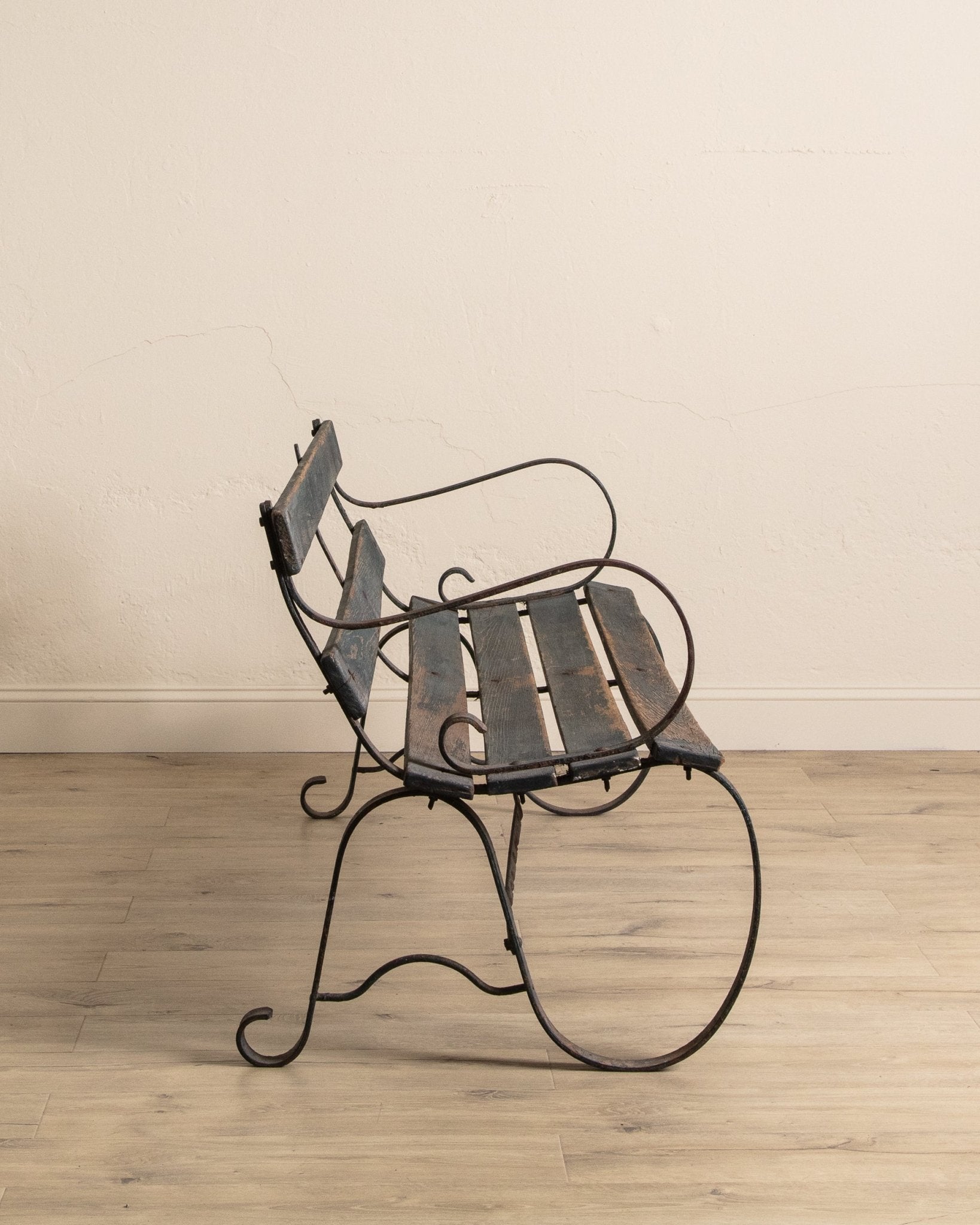 Iron & Wood Slat Park Bench in Aged Teal Paint, 1920's – Lone Fox