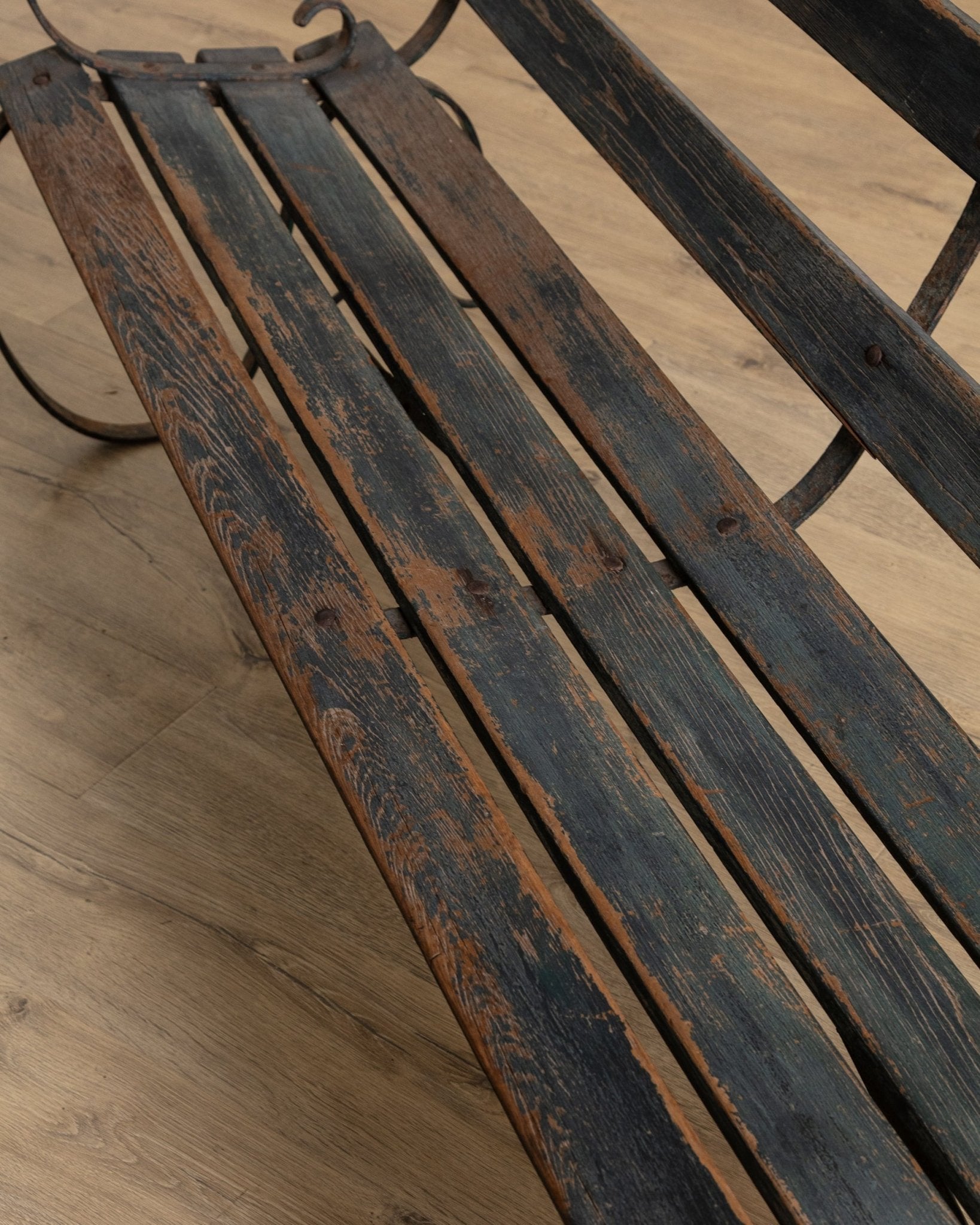 Iron & Wood Slat Park Bench in Aged Teal Paint, 1920's – Lone Fox