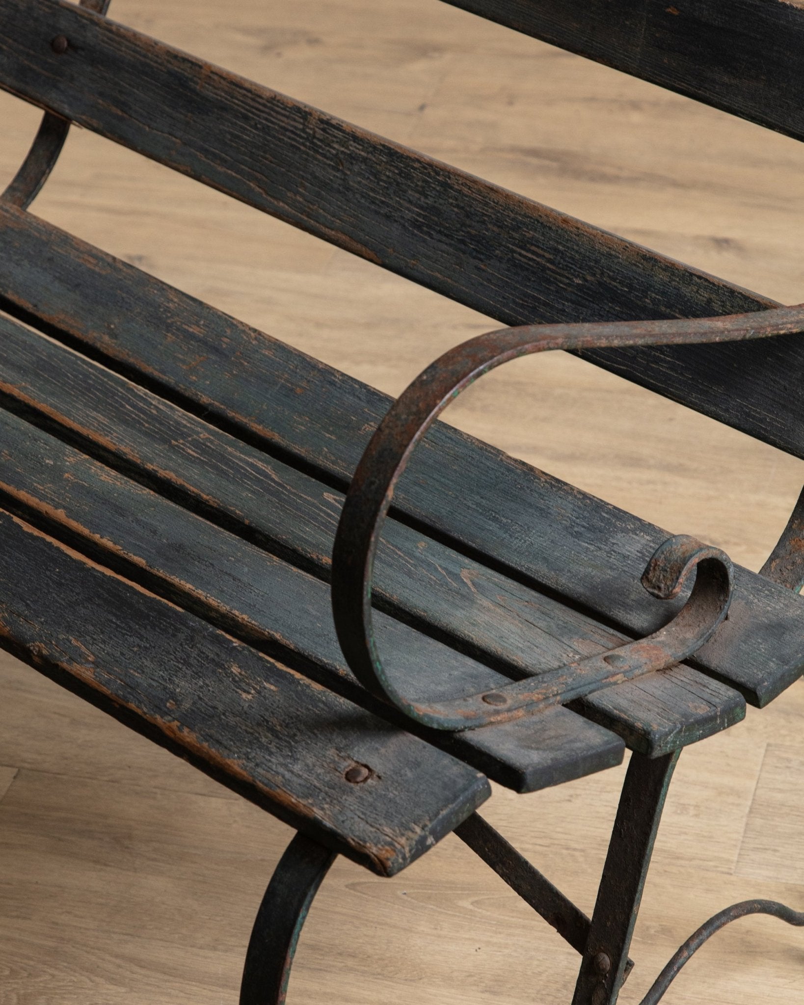 Iron & Wood Slat Park Bench in Aged Teal Paint, 1920's – Lone Fox