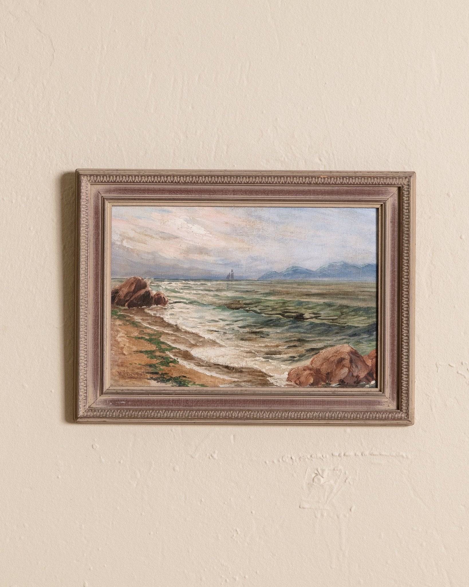 Mid Century Shoreline Oil Painting – Lone Fox