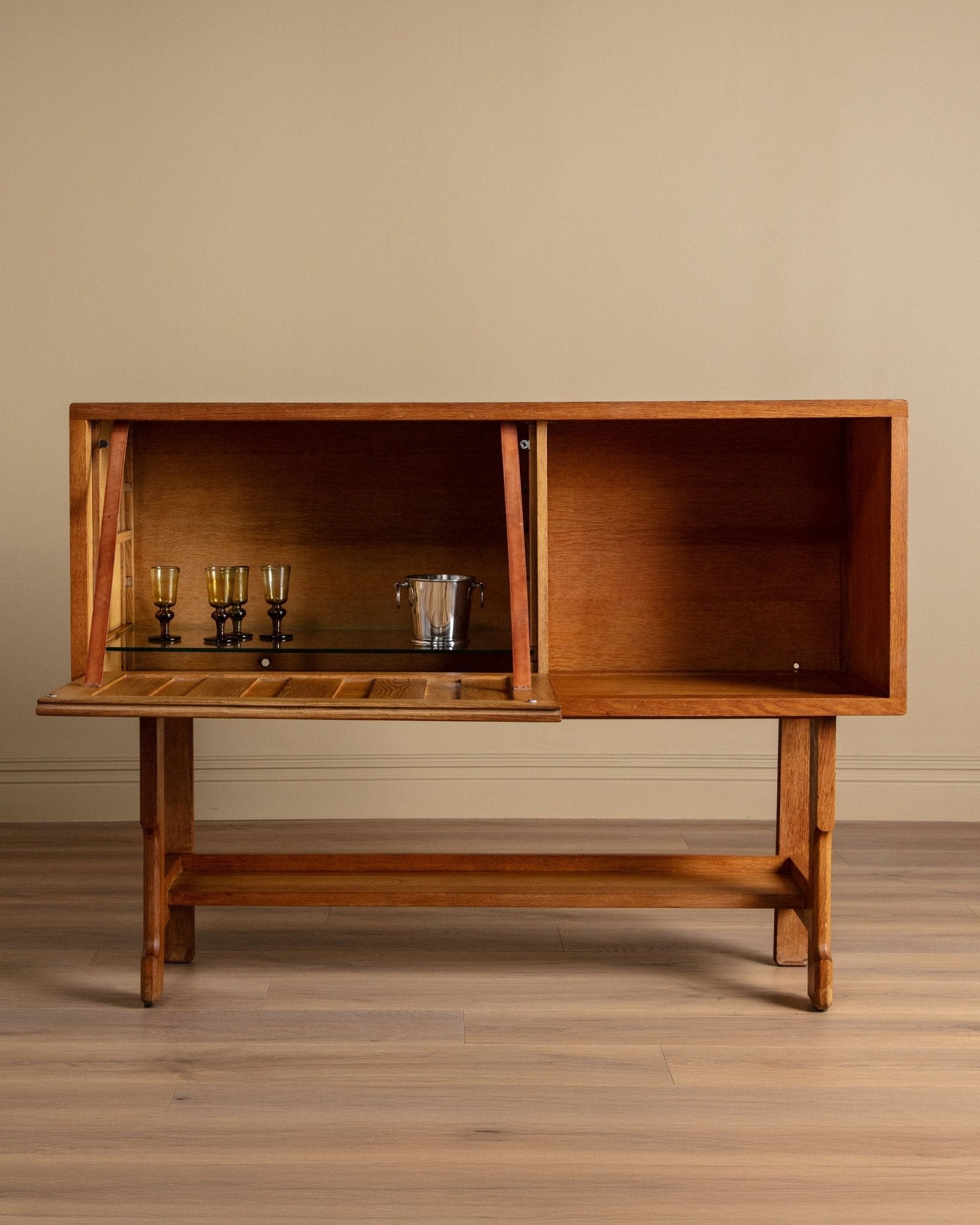 Oak Fall Front Bar Cabinet by Guillerme and Chambron, France, 1970's ...