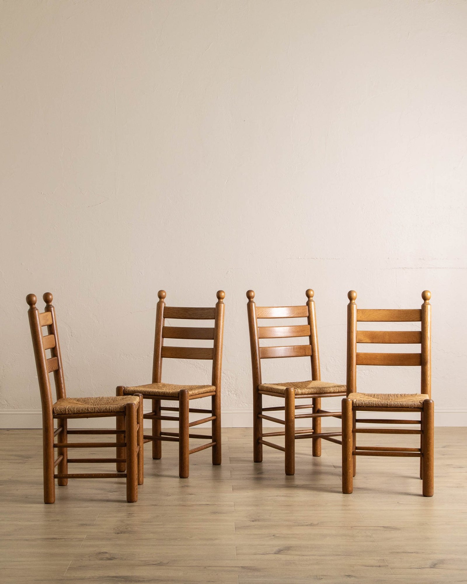 Set of 4 Dutch Oak Rush Dining Chairs Style of Dudouyt